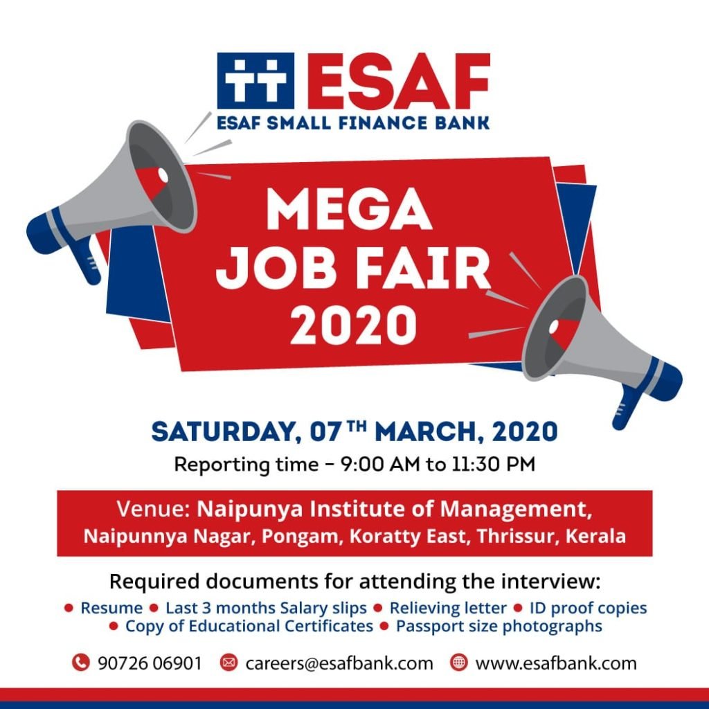 ESAF Small Finance Bank Mega Job Fair 2020 – Psc Zone
